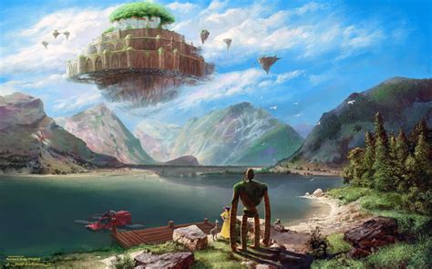 Robot And Girl From Castle In The Sky Overlooking A Lake Hd Wallpaper