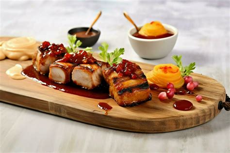Pork Belly Braaivleis With Mango And Chili Sauce Served On A Wooden