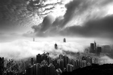 Pemandangan Berka Berka Berka Berka Berkaat Di Hong Kong Dalam Warna Bw