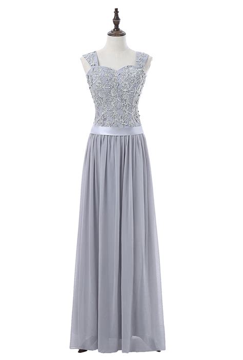 Silver Evening Dresses A Line Sweetheart Chiffon Lace Beaded Women Long
