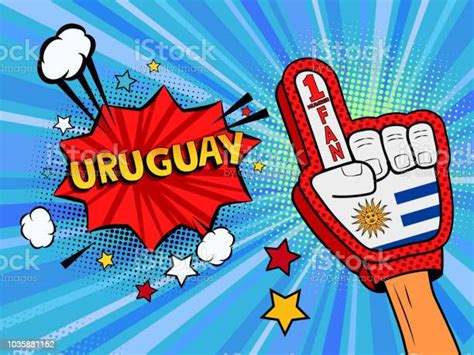 스포츠 장갑 우루과이 국가 깃발의 승리를 축 하 하 제기에 남성 손 팬 별과 구름과 우루과이 연설 거품이 있다 벡터 화려한 팬 일러스트 레이 션 경쟁에 대한 스톡 벡터 아트