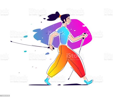 여자 스 칸디 나 비아 걷는 그림 자연 속에서 하이킹입니다 그림은 흰색 배경에 고립 됩니다 스칸디나비아와 막대기 생활의 운동 방법입니다 여름입니다 건강한 생활방식에 대한