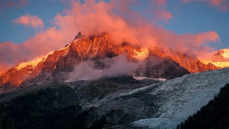Mont Blanc Mountain Range View On Peak And Glacier At Sunset Chamonix
