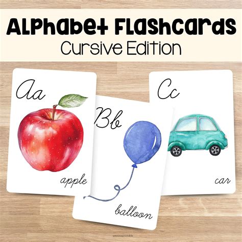 Cursive Alphabet Flash Cards Watercolor Montessori Printables Instant