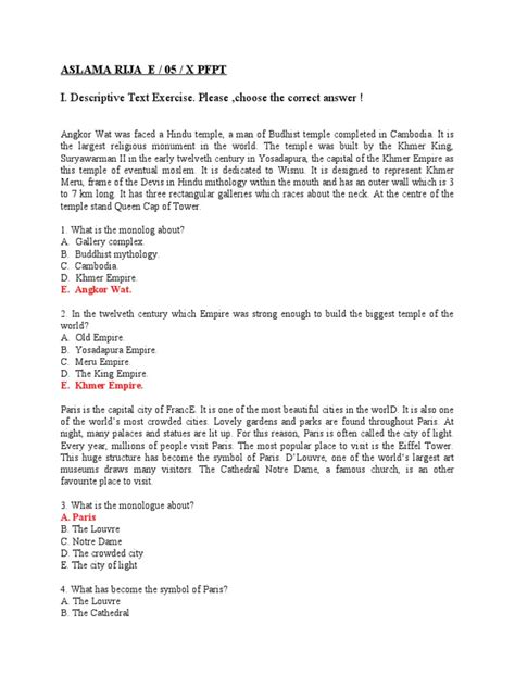 Descriptive Text Exercise 1 Pdf Angkor Wat Hotel And Accommodation
