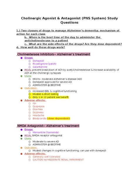Cholinergic Agonist And Antagonists Exam 4 Cholinergic Agonist