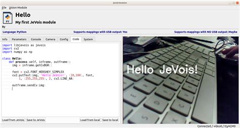 JeVois Tutorials Hello JeVois Using JeVois Inventor