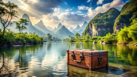 Asian Water Landscape With Travel Trunk Stock Illustration