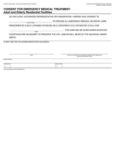 Form Lic 627c Consent For Emergency Medical Treatment Adult And