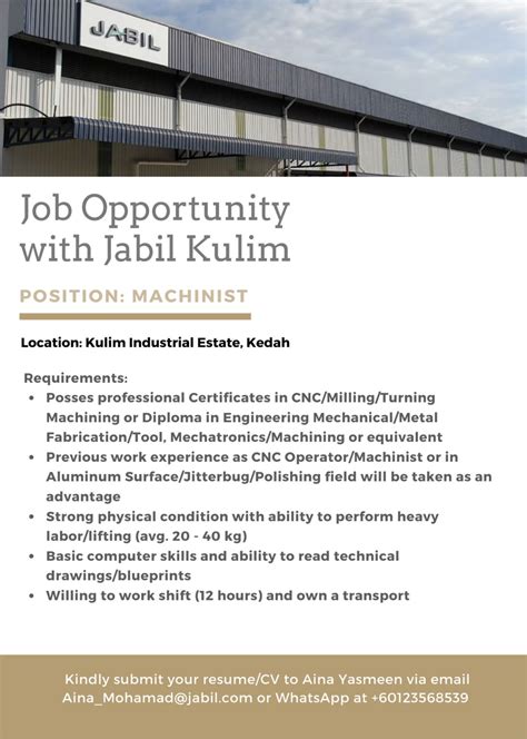 Aina Yasmeen On Linkedin Open Vacancy For Machinist Position Jabil