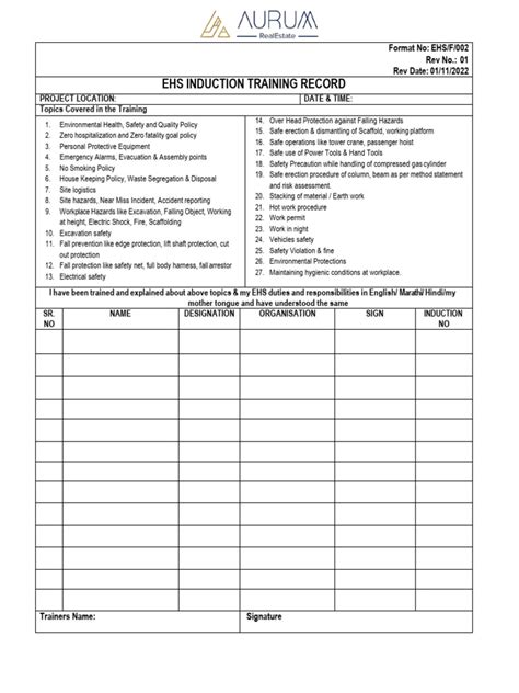 Ehs Induction Training Record Template Pdf Safety Hazards
