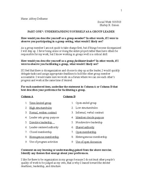 Social Work Group Leadership Assignment Self Assessment Insights