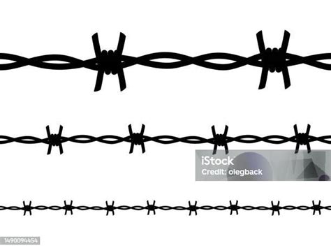 날카로운 미늘 가시 스파이크가 있는 검은색 실루엣 철조망 매끄러운 패턴 세트 벡터 그림 뒤틀린 질감의 강철 울타리 철조망 흰색 배경에 격리된 울타리 테두리 3차원 형태에