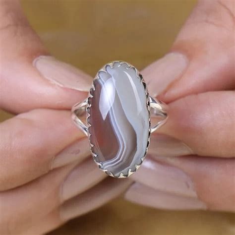 Aaa Botswana Agata Anello 925 Argento Sterling Stile Bohemien