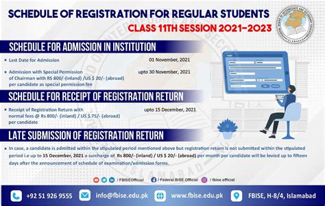 schedule of registration fbise class xi session 2021 2023