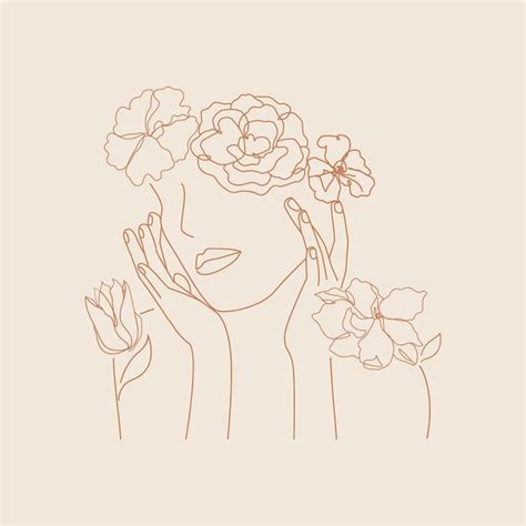 Female Monoline Portrait Sticker Aesthetic Floral Design Vector