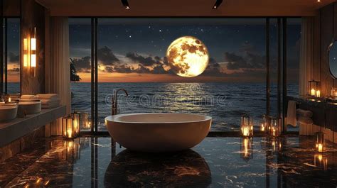 Luxury Bathroom With Ocean And Full Moon View Generative Ai Stock
