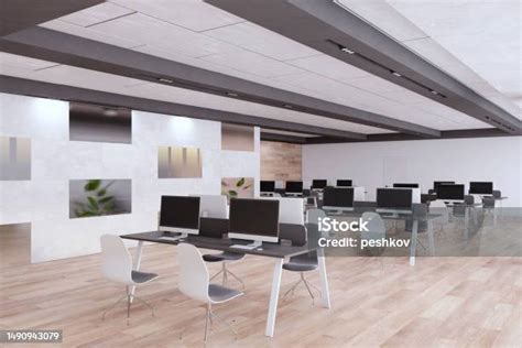대낮에 가구 장비 및 기타 물건이 있는 현대적인 코워킹 오피스 인테리어 3d 렌더링 0명에 대한 스톡 사진 및 기타 이미지 0명 3차원 형태 가구 Istock