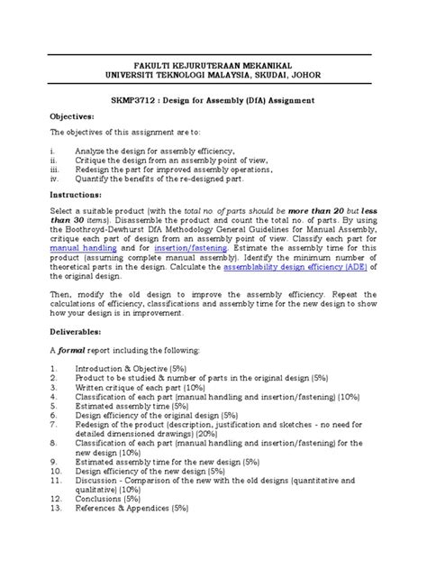 Skmp3712 Design For Assembly Dfa Assignment Pdf Pdf