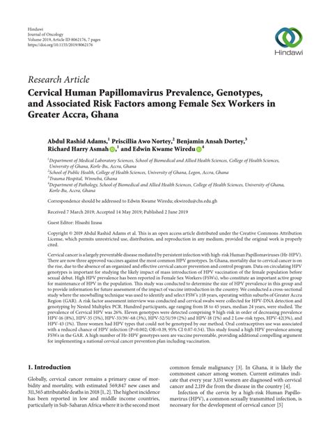 Pdf Cervical Human Papillomavirus Prevalence Genotypes And
