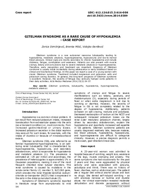 Pdf Gitelman Syndrome As A Rare Cause Of Hypokalemia Case Report