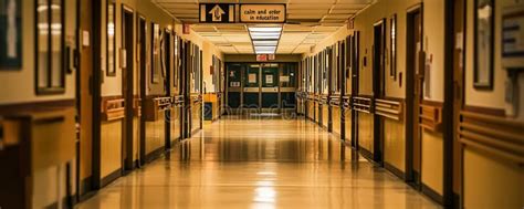 A Peaceful School Corridor Its Classroom Doors And Exit Signs Visible