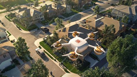 Aerial View Of Autonomous Drones Delivering Packages To Homes In A