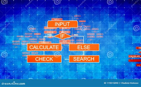 Blue Algorithms Backdrop With Red Icons Stock Illustration