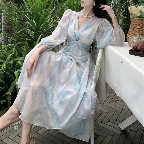 옷자락 여자 청순 여리여리 쉬폰 퍼프소매 브이넥 롱원피스