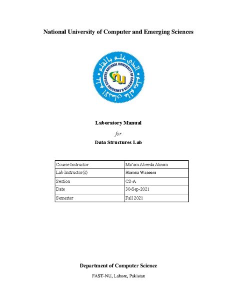 Data Structures Cs 202 Lab Manual 02 National University Of Computer And Emerging Sciences