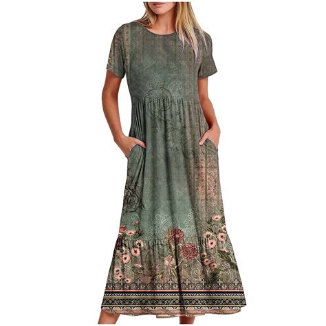 Wreesh Womens Casual Loose Boho Floral Dress Short Sleeve Long Dress
