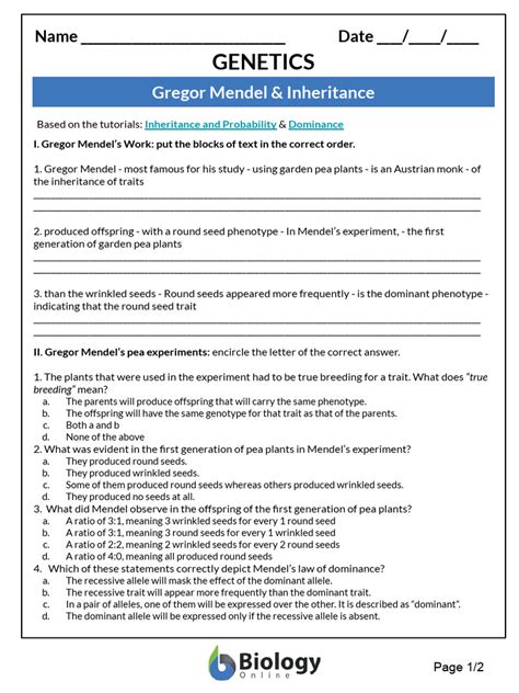 Mendels Genetics And Inheritance Guide Pdf Dominance Genetics