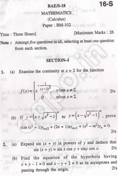 Kuk Ba 1st Year Mathematicscalculus Question Paper 2019