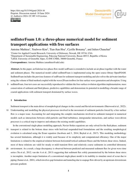 Pdf Sedinterfoam 1 0 A Three Phase Numerical Model For Sediment Transport Applications With