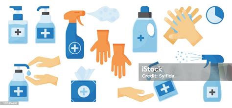 소독 손 위생 손 소독제 병 세척 젤 스프레이 젖은 물티슈 액체 비누 고무 장갑 냅킨 세트 벡터 손 세정제에 대한 스톡 벡터 아트 및 기타 이미지 Istock