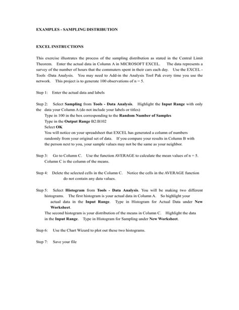 Examples Sampling Distribution Excel Instructions