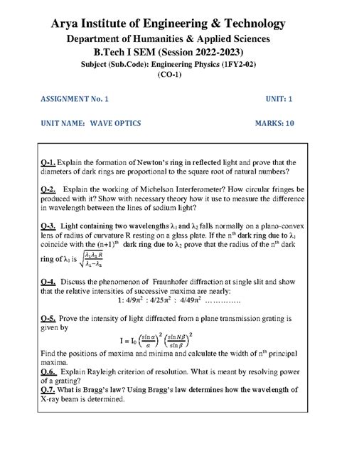 Assignments Physics 1st Sem 2022 23 Department Of Humanities