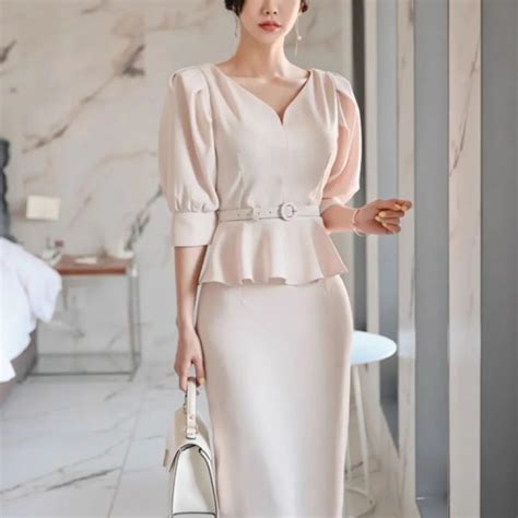 레드베리 여름신상오피스룩데이트룩 정장 여름원피스v넥 7부 퍼프 블라우스 고급원피스 정장원피스 허리벨트 머메이드 롱스커트 롱드레스 오피스룩직장인 아나운서기상캐스터