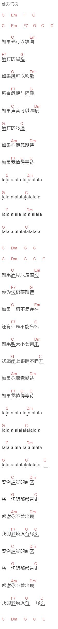 最简单谱《如果明天不会到来》六线谱 国语版初级吉他谱 陈小熊c调编配和弦谱弹唱谱 原调c调 易谱库