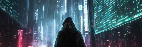 A Hacker In A Hoodie Focuses On A Computer Displaying Glowing Matrix