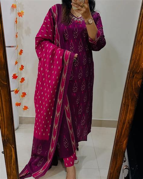 Magenta Ikat Print Suit Set With Dupatta House Of Bunkari