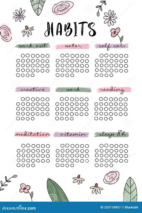 Monthly Habit Tracker Blank With Hand Drawn 70s Groogy Floral Texture