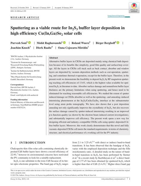 Pdf Sputtering As A Viable Route For In2s3 Buffer Layer Deposition In