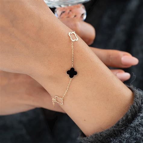 Black Clover Bracelet 10k Gold Black Onyx Bracelet Solid 10k Gold