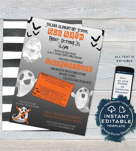 Boo Bash Invitation Flyer Editable School Halloween Party Printable I