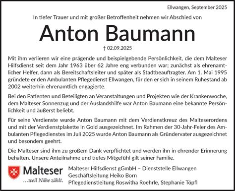 Traueranzeigen Von Anton Baumann Ostalbtrauer