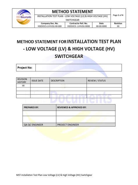 Method Statement For Installation Test Plan Lv And Hv Switchgear Pdf