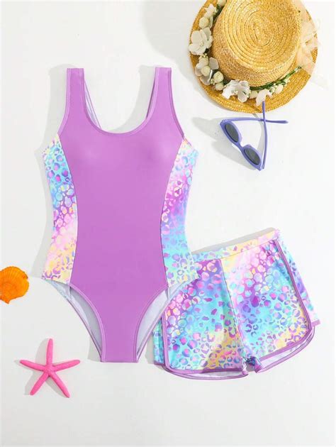 Shein Tween Girl Swimwearone Piece Swimsuitprinted2pcs Set Summer