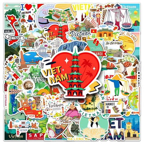 50pcs Vietnam Stickers For Wall Diary Laptop Scrapbook Tour Suitcase
