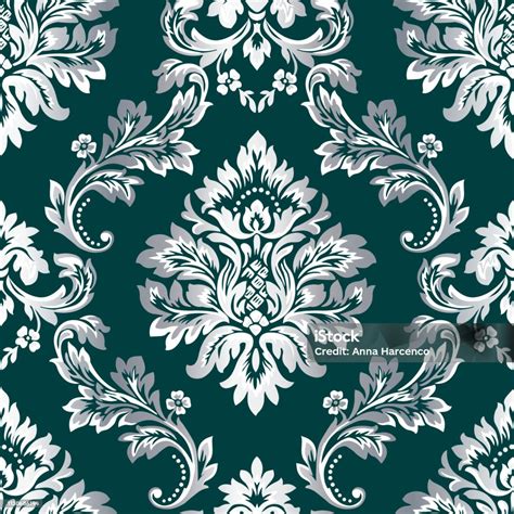 완벽 한 다 마스크 패턴입니다 우아한 고전적인 텍스처입니다 럭셔리 로얄 Victorian 바로크 요소 직물 섬유 벽지에 적합 합니다 꽃 벡터 배경입니다 에메랄드 그린에 대한